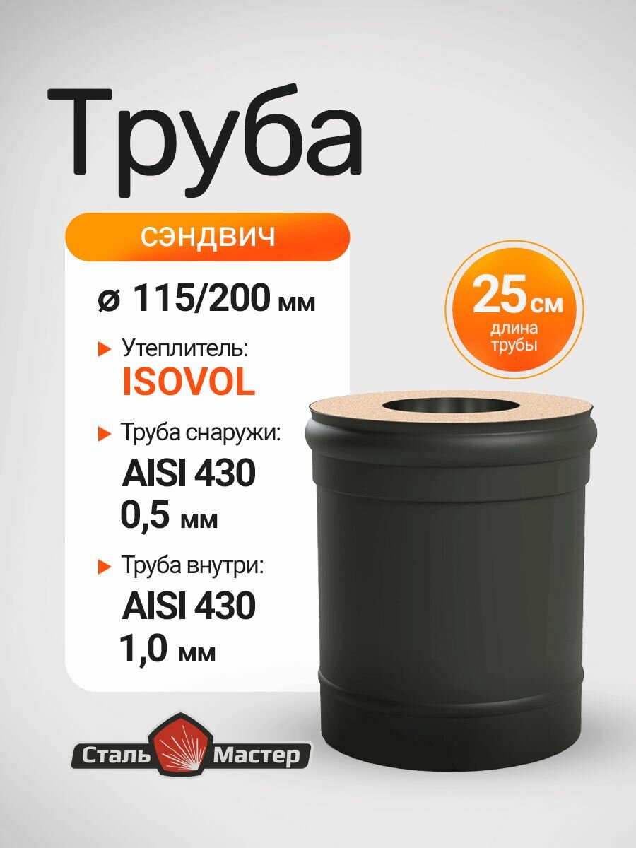 Труба дымохода сэндвич 0,25 м из нержавеющей стали 1 мм / нерж 0,5 мм, черная