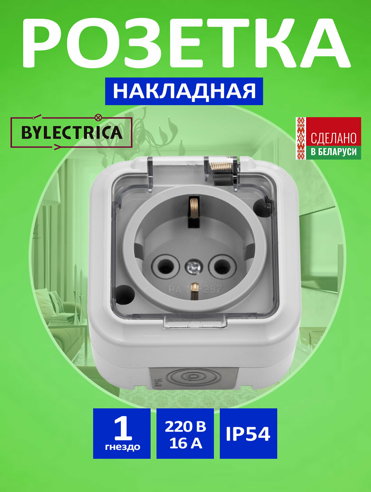 Розетка 1я серая с прозрачной крышкой, IP 54, с заземлением BYLECTRICA