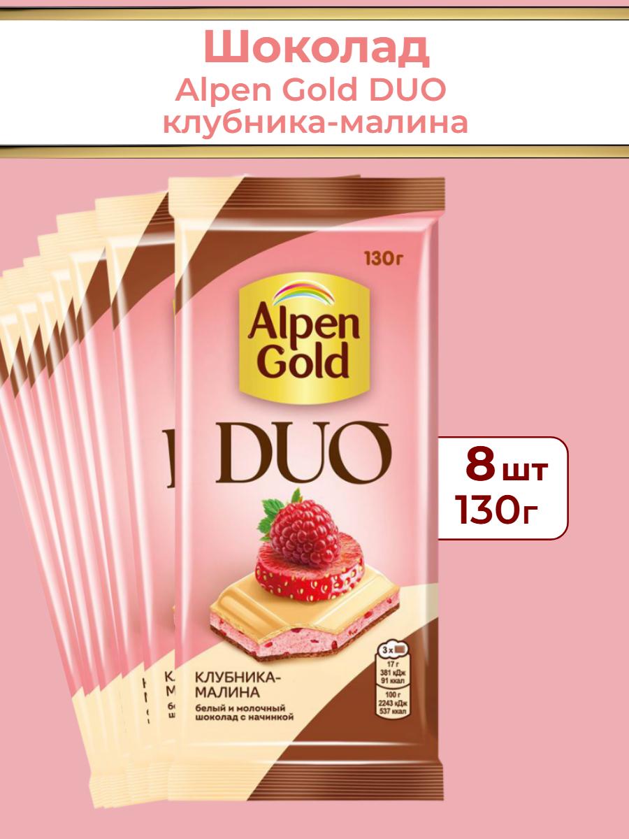 Шоколад белый и молочный Alpen Gold DUO с клубничной начинкой и фруктовыми кусочками 130г 8шт