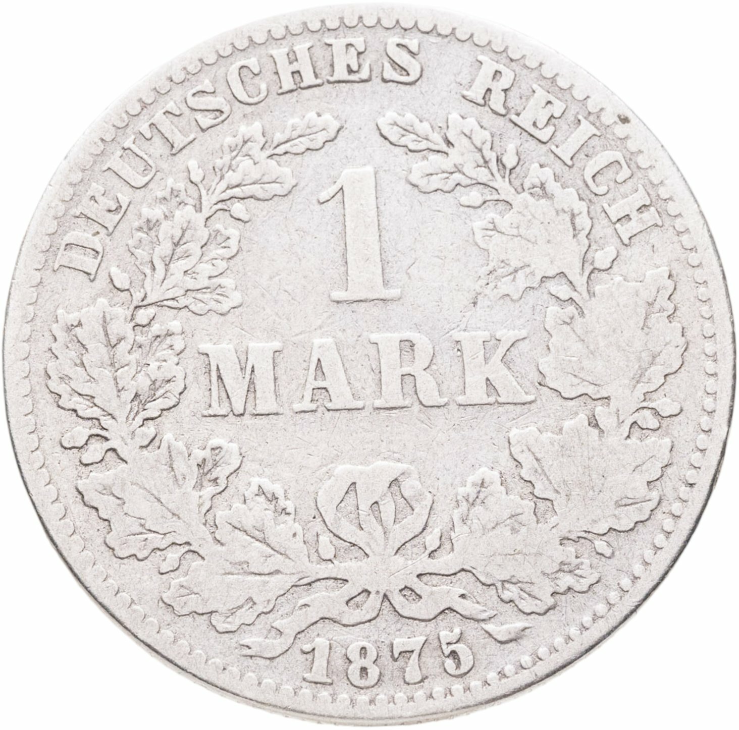 Германия 1 марка mark 1875 J знак монетного двора: "J" - Гамбург, Серебро 900, в сохранности F-VF