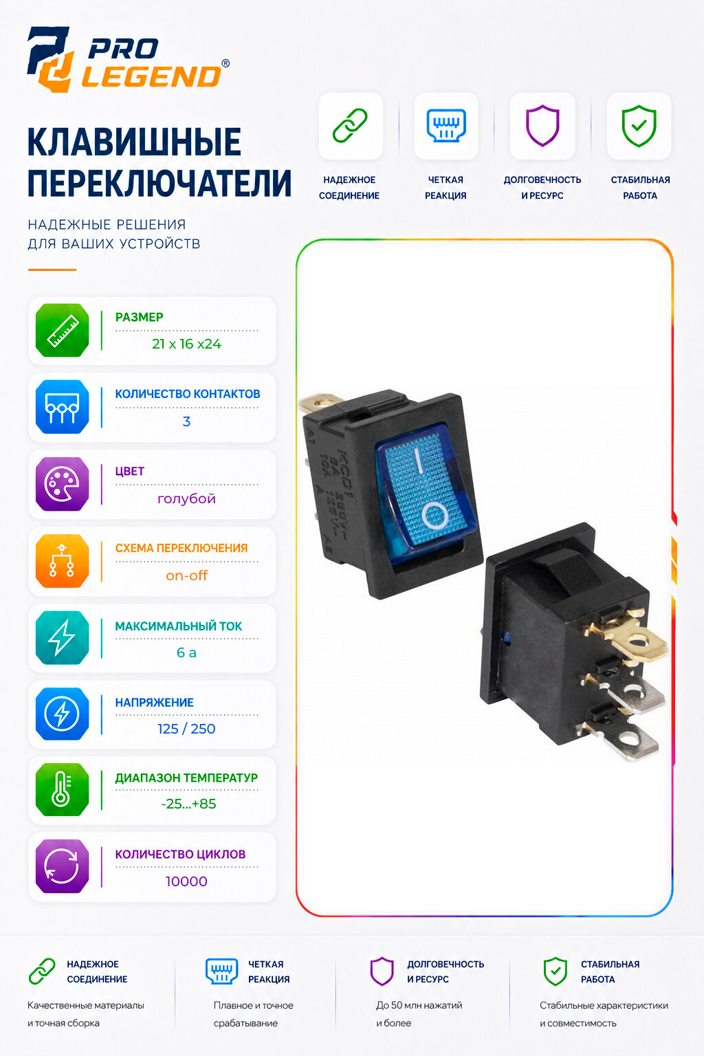 Клавишный переключатель ON-OFF, 3 контакта, голубой