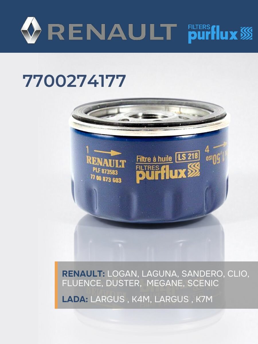 Фильтр масляный Renault 7700274177 на Рено Logan Duster Sandero Megane Clio Laguna Kangoo Largus Almera Логан Ларгус Алмера Дастер Сандеро оригинал