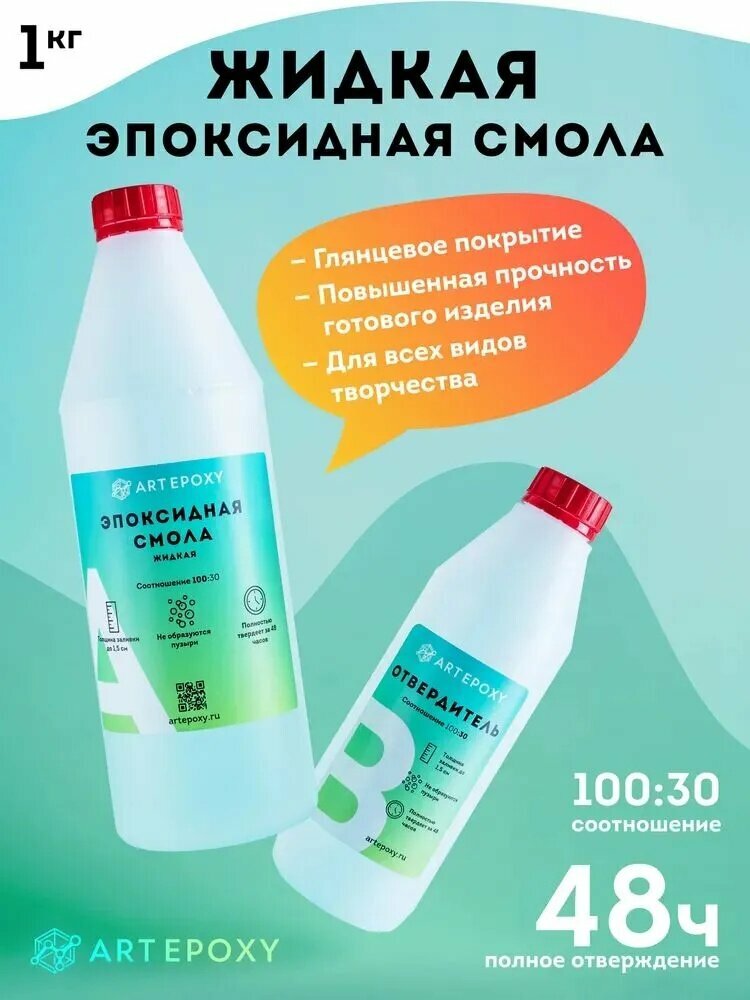 Эпоксидная смола для творчества ArtEpoxy 1 кг Прозрачная, ювелирная, набор с отвердителем