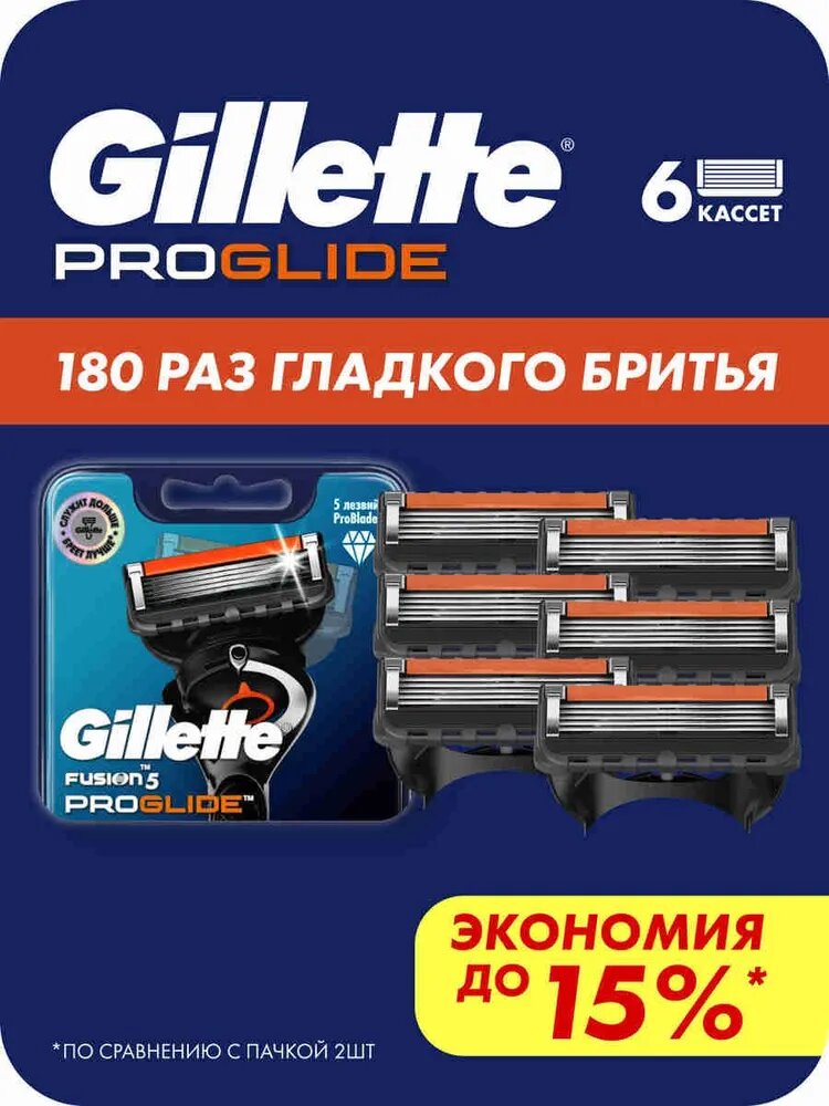 Сменные кассеты Gillette Fusion ProGlide Для Мужской Бритвы, 6 шт, с 5 лезвиями, с точным тримммером для труднодоступных мест, для идеально гладкого бритья