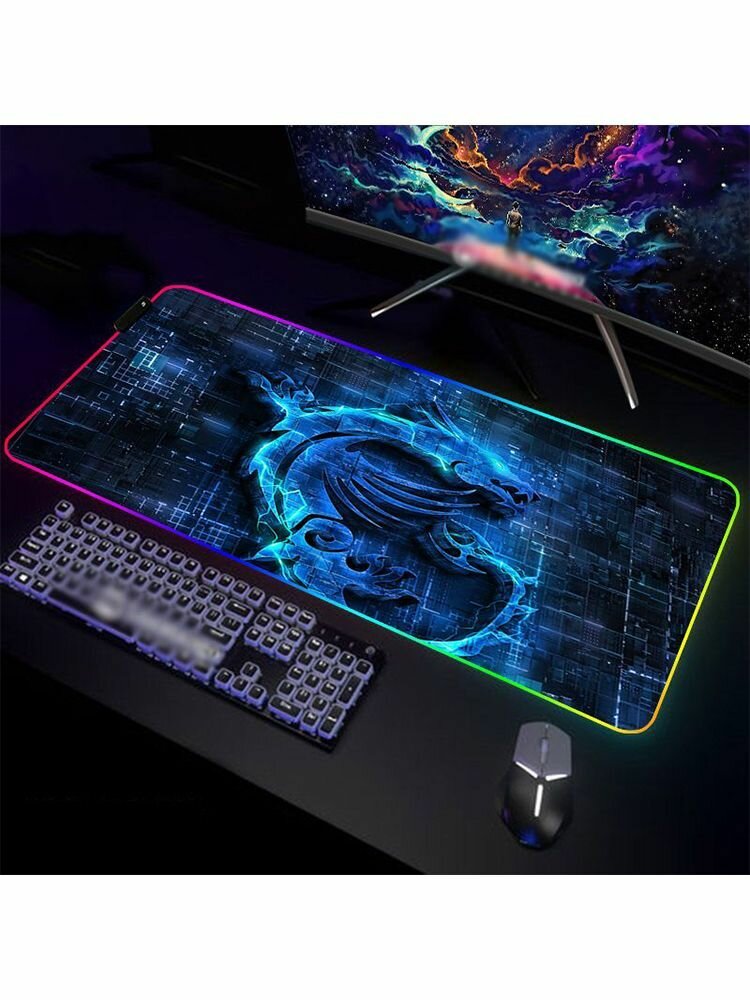 Игровой коврик MSI Gaming, подсветка RGB, нескользящий, для мыши, клавиатуры, чёрный/синий/голубой