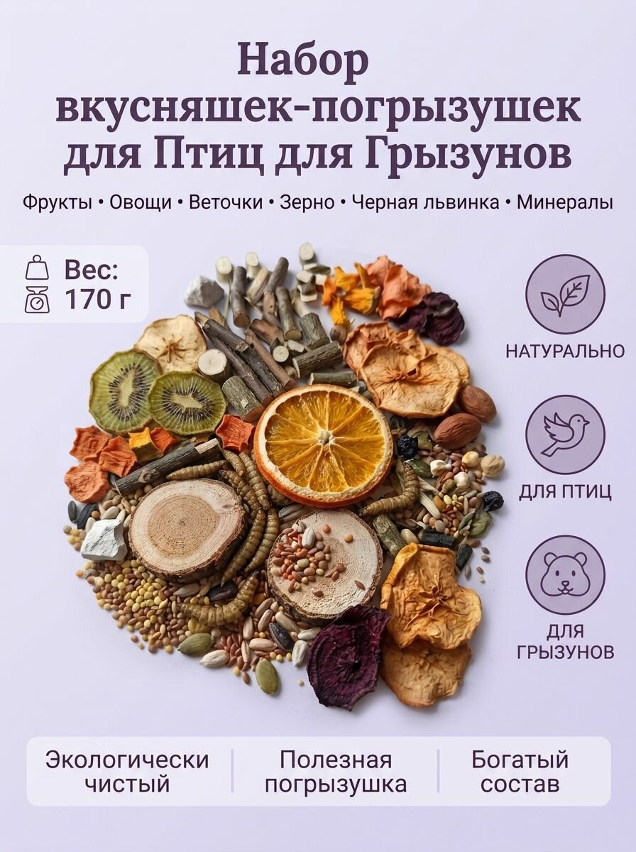Набор вкусняшек-погрызушек для Птиц и Грызунов, веточки, фрукты, овощи, черная львинка