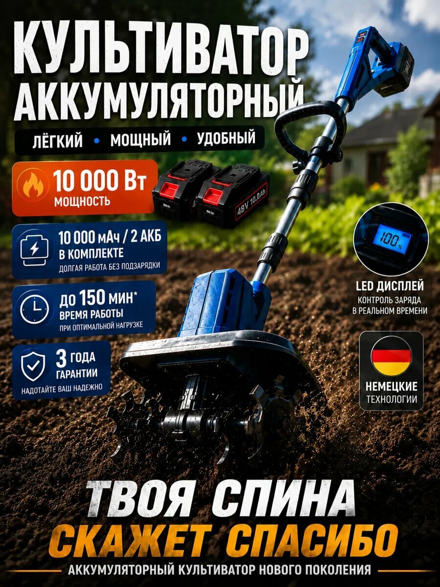 Культиватор аккумуляторный для дачи сада грядок мощный с 2 АКБ мощный