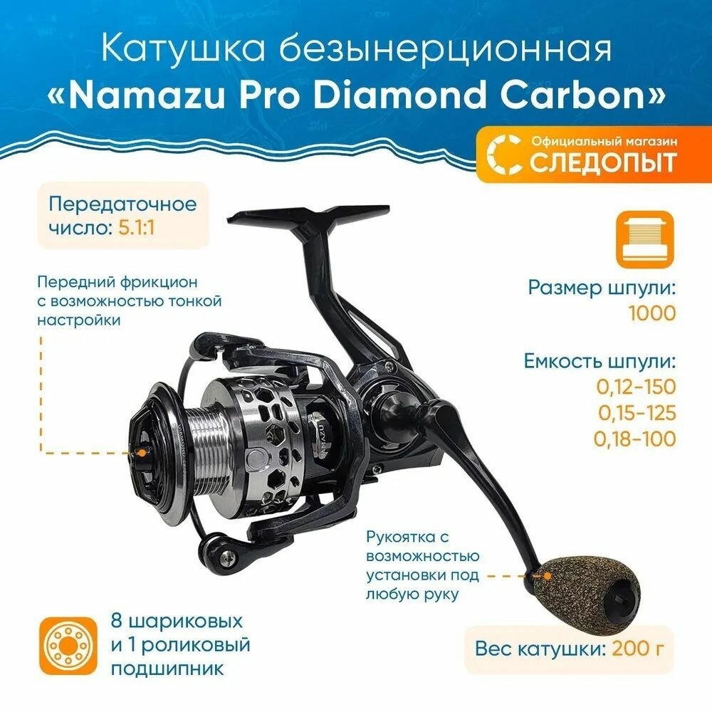 Катушка для спиннинга безынерционная Pro Diamond Carbon DC1000 , 8+1 подш, метал. шпуля