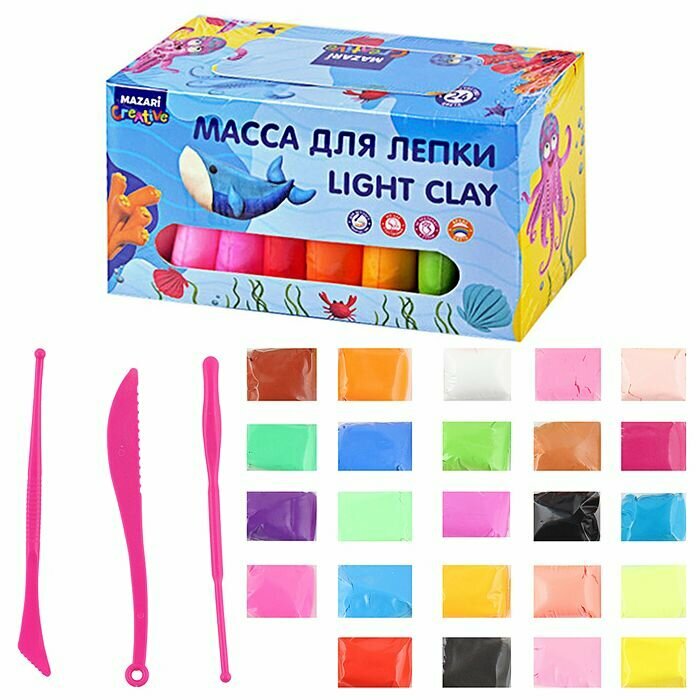 Mасса для лепки Mazari 24 цвета, стек 3 шт, пластик, полимер