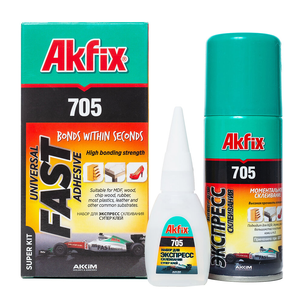 Клей цианоакрилатный Akfix 705 двухкомпонентный прозрачный 400 мл + 100 г