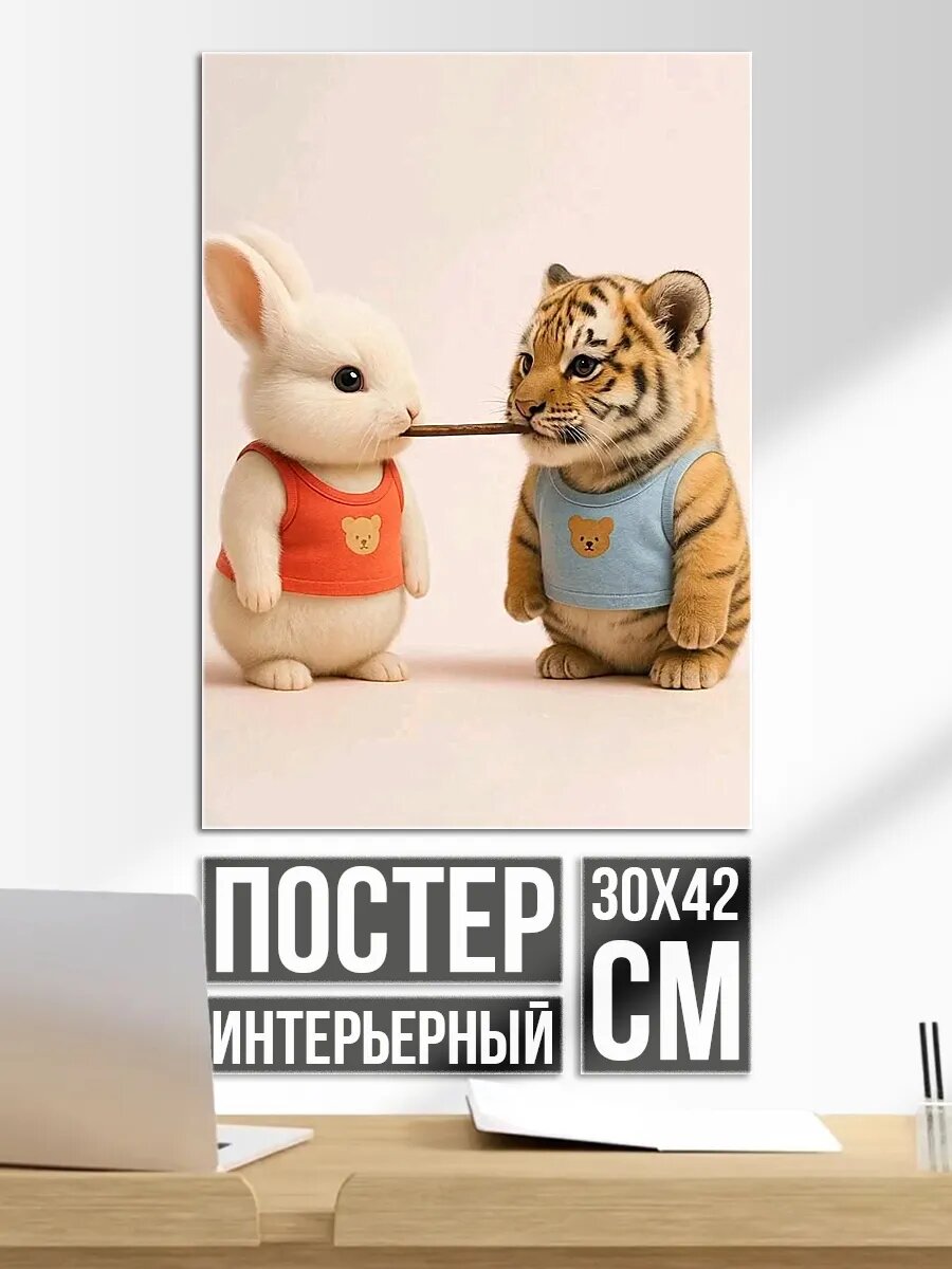 Плакат постер Заяц и тигр едят палочку