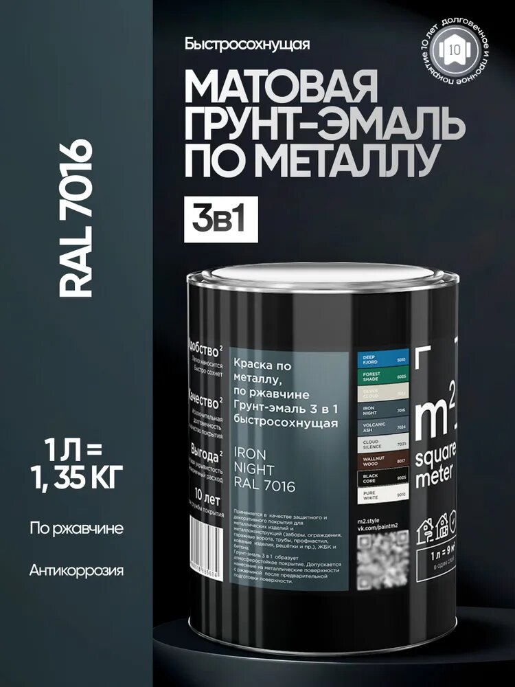 Грунт-эмаль М2 3 в 1, краска по металлу, по ржавчине, быстросохнущая, матовое покрытие, антрацит, тёмно-серая RAL 7016 1 л