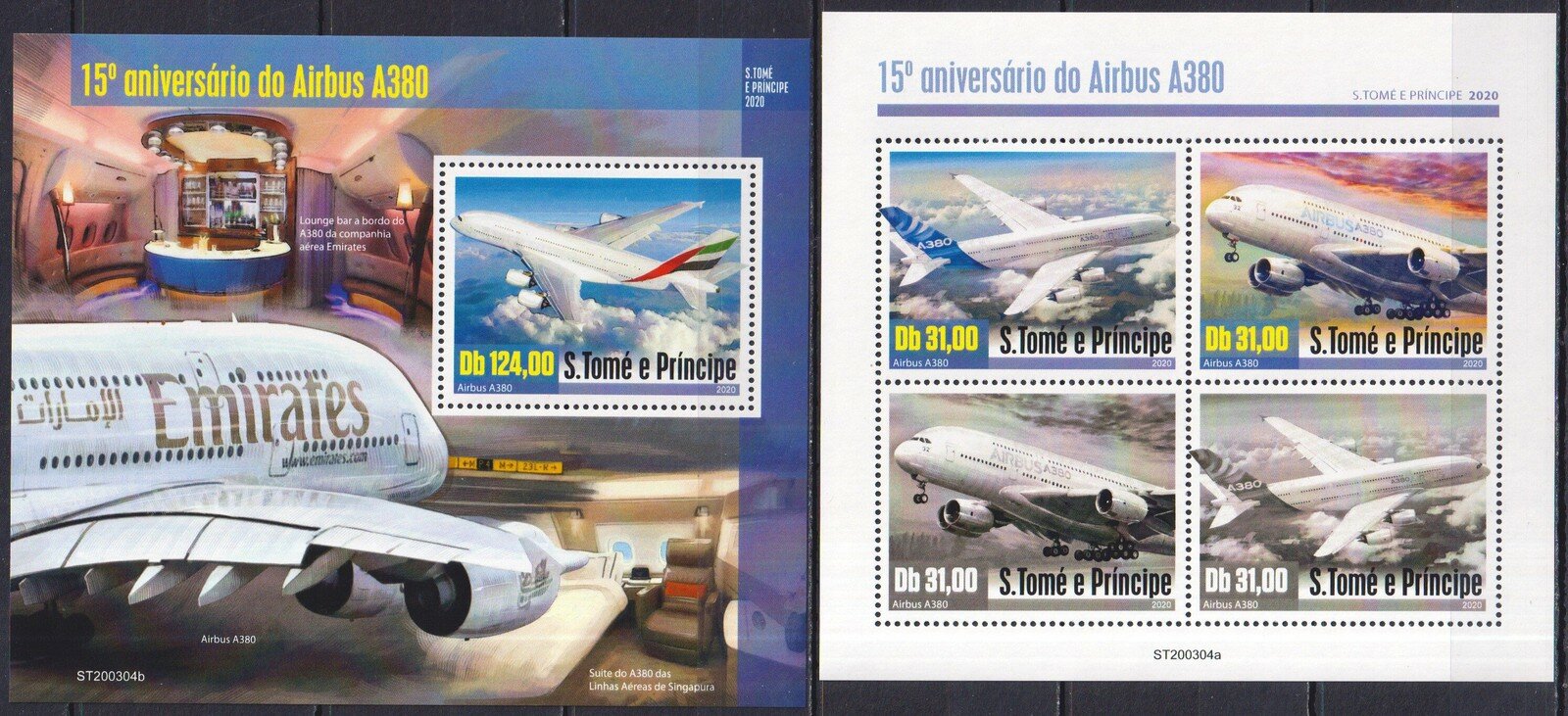 Марки 2020 год Сан-Томе и Принсипи Авиация Аэробус A380 Эмирейтс #8892-5+Бл1621 MNH