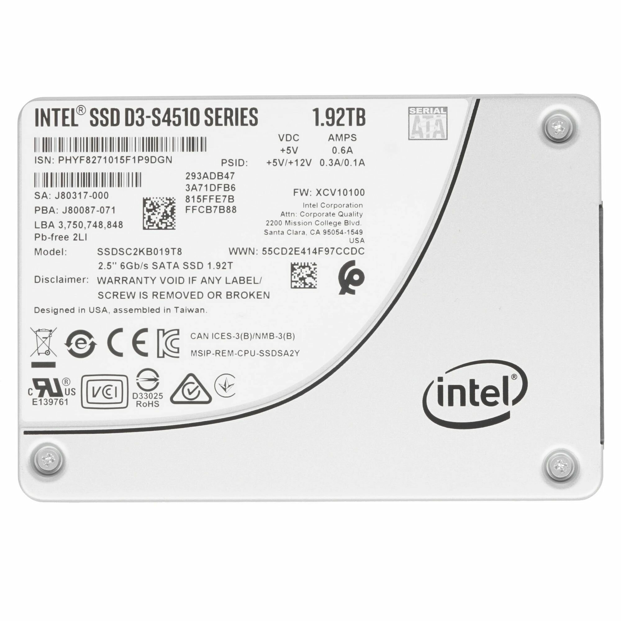 Intel 1,92 ТБ Внутренний SSD-диск D3-S4510 Series, 2.5", SATA III 6 Гбит/с (SSDSC2KB019T801)