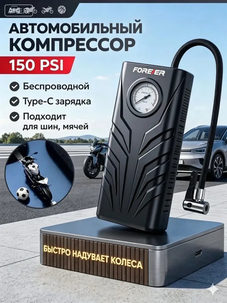Компрессор автомобильный портативный FOREVER, беспроводной насос для машины, мотоцикла и велосипеда, 150 PSI
