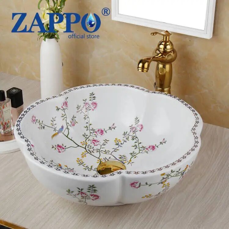 Ванна-керамическая встраиваемая для ванной ZAPPO круглая лепестковая форма с орнаментом «Цветы и птицы» с смесителем