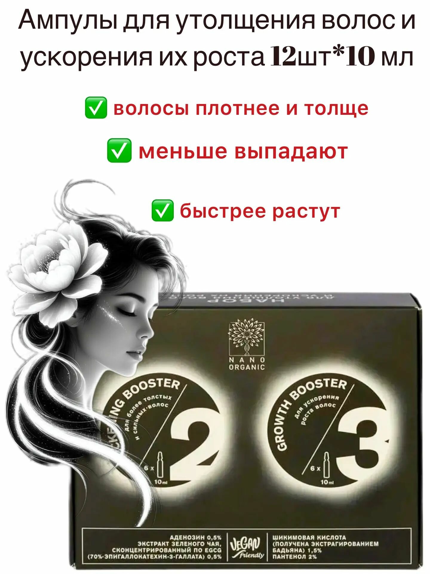 Набор ампул для утолщения и ускорения роста волос, 12*10 мл Nano Organic