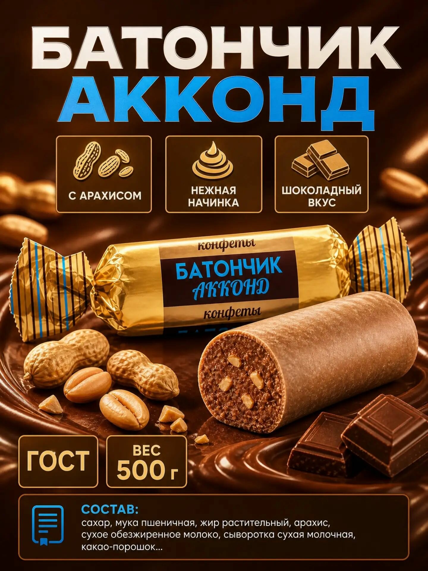 Конфеты Батончики с арахисом, 500гр