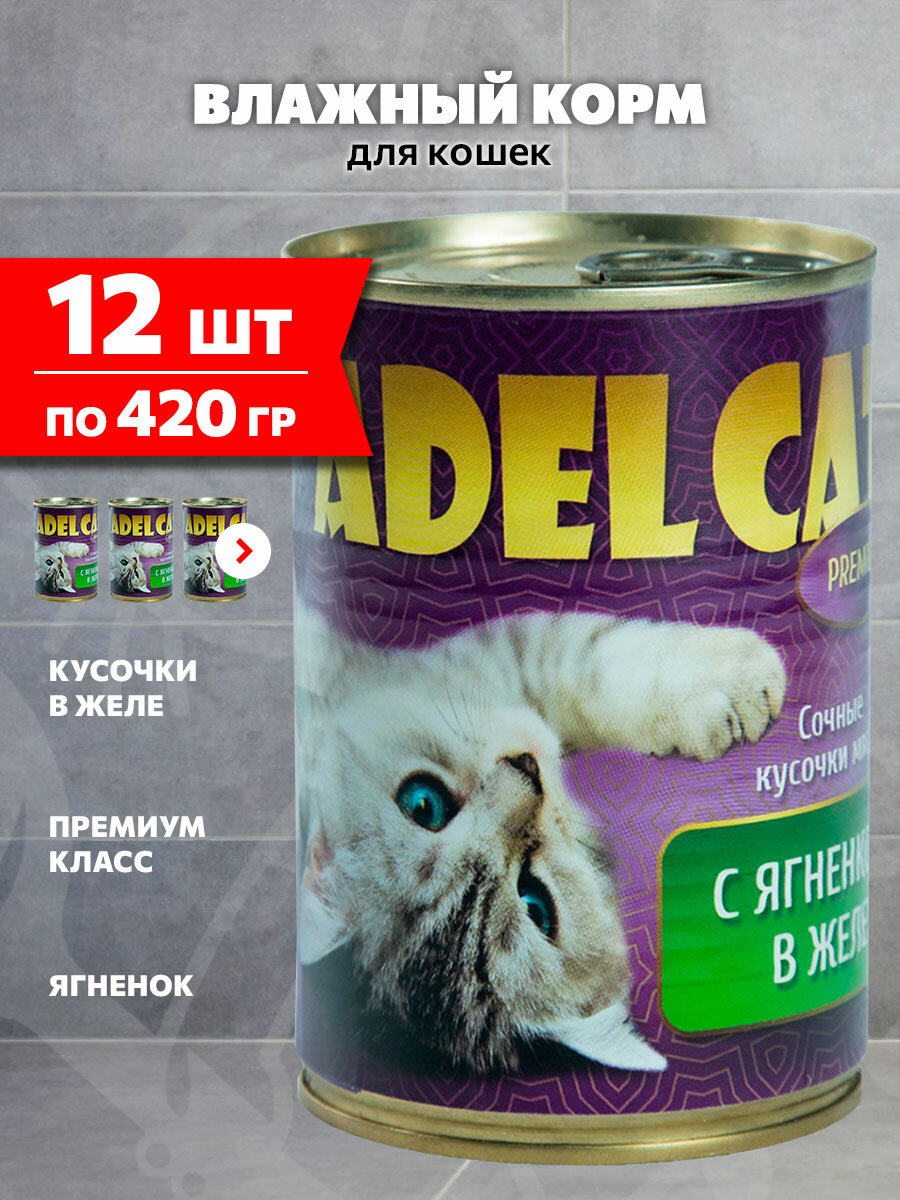 Корм влажный Adel Cat Premium для взрослых кошек сочные кусочки мяса с ягненком в желе, 420 г х 12 шт