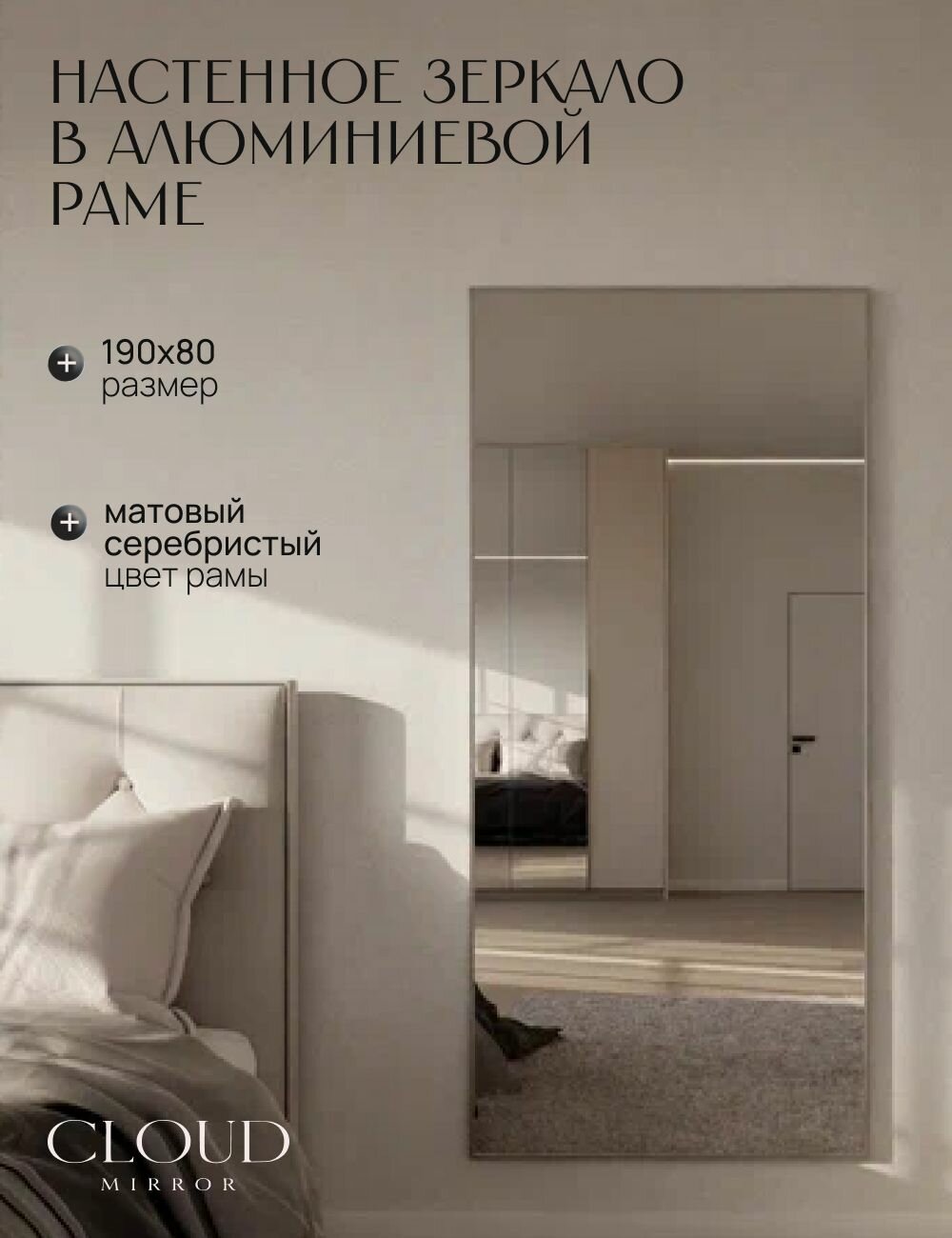 Зеркало 190х80 см. CLOUD MIRROR интерьерное в алюминиевой раме настенное, Серебро