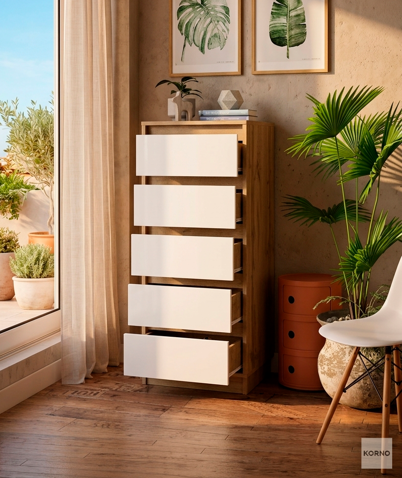 Комод Korno Linea S2 45x112x38 см, 5 выдвижных ящиков, Дуб Вотан/Белый