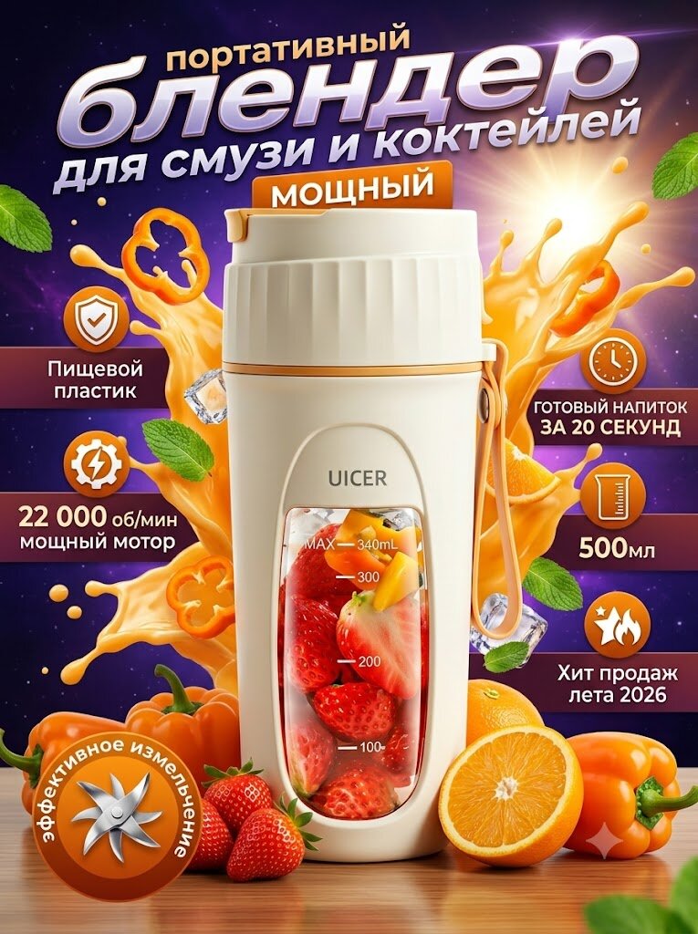 Портативный блендер беспроводной для смузи и коктейлей, 3 скорости с дисплеем, белый