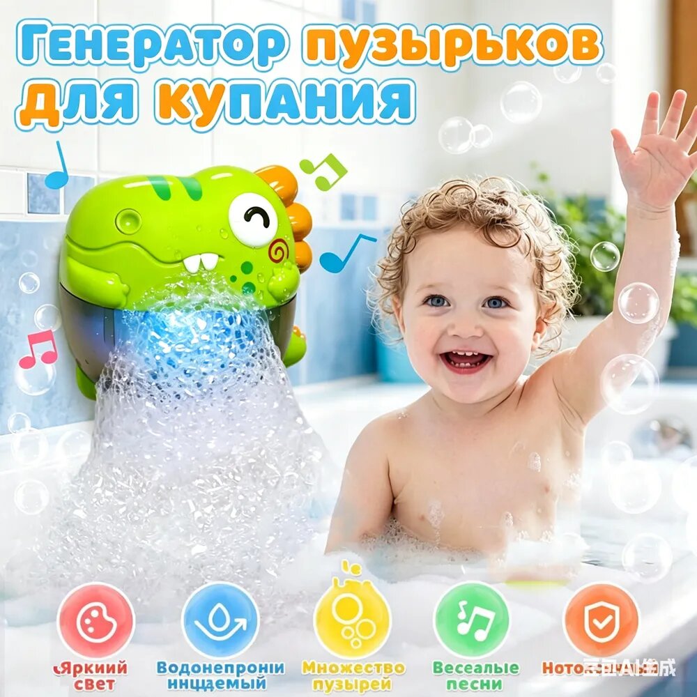 Игрушка для купания с динозавром, Музыкальный генератор мыльных пузырей для ванной комнаты с музыкальной подсветкой, Поролоновая лягушка, Водные игрушки, мыльные пузыри