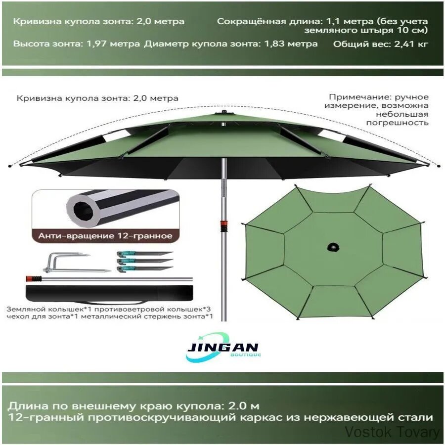 Зонт для рыбалки, нержавейка, зелёный, 2 метра