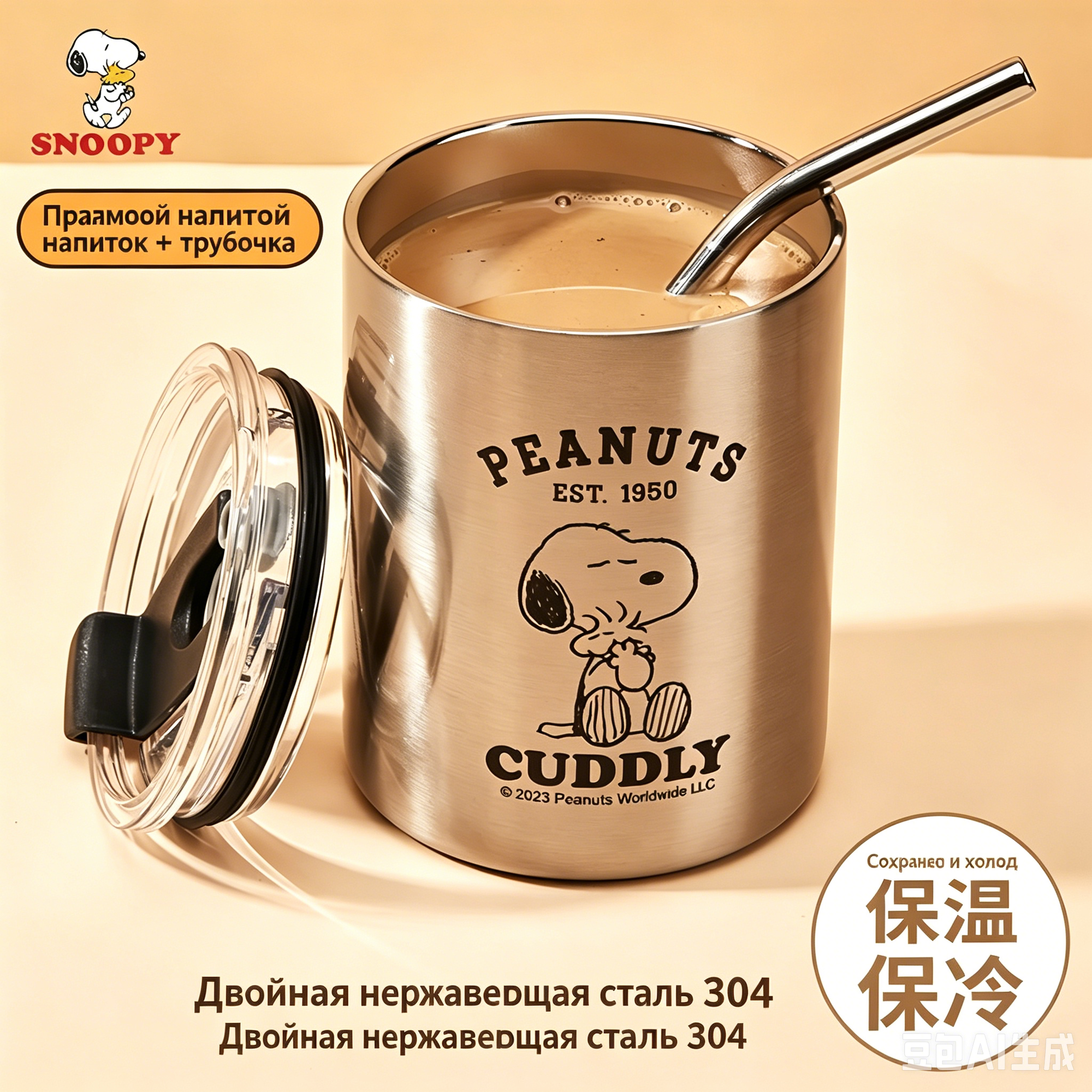 Термокружка Snoopy 350 мл MINISO Кофейная чашка, термос, соломинка, стакан для рабочих 304 нержавеющая сталь