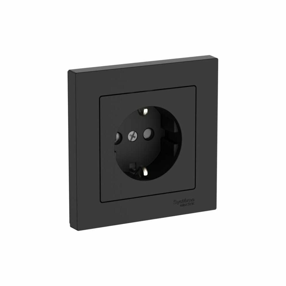 Розетка Systeme Electric ATLASDESIGN с заземлением со шторками, 16А, в сборе, быстрозажим. клем, карбон ATN001044S