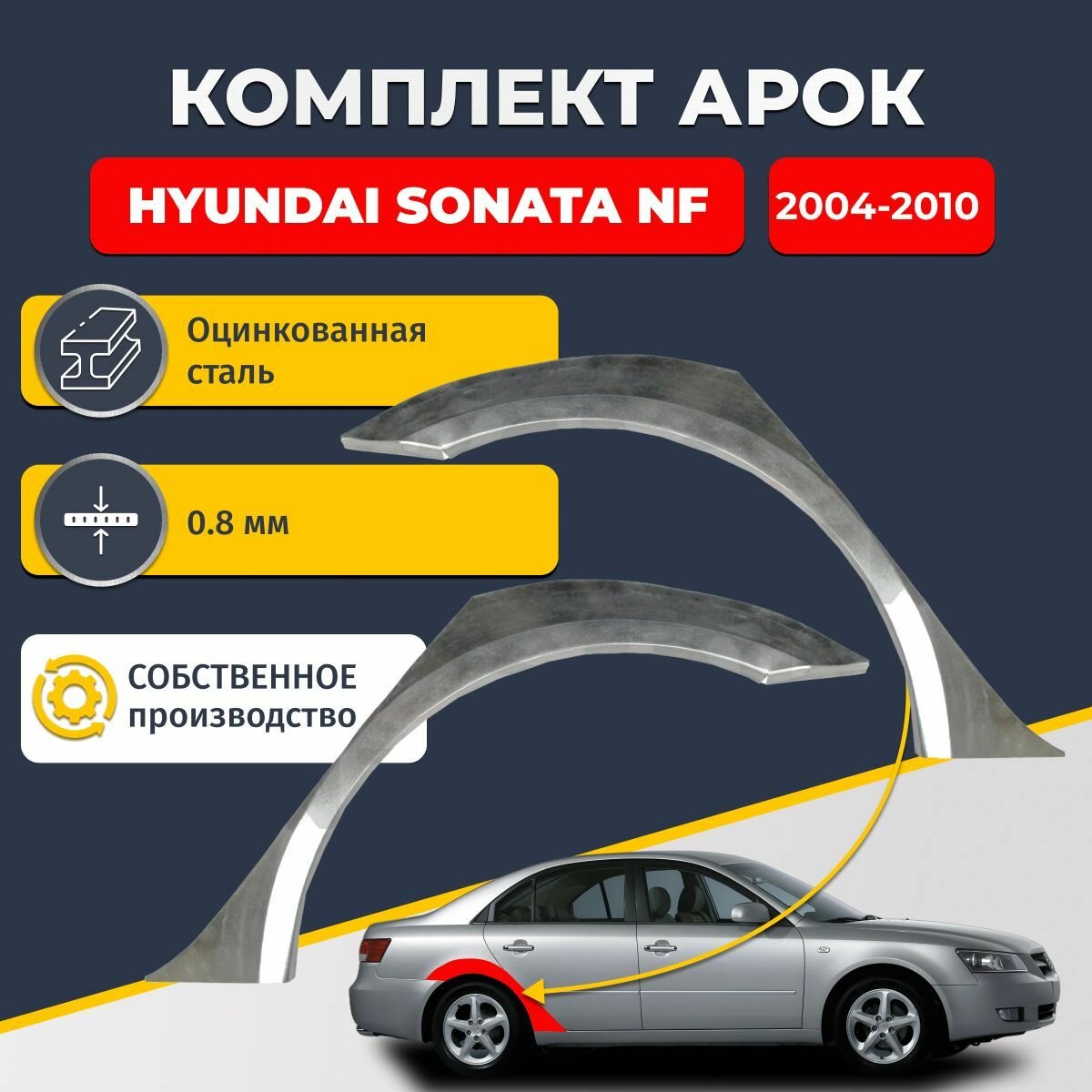 Комплект задних ремонтных арок для автомобиля (2 шт.), Hyundai Sonata 2004-2010 5 NF седан 4 двери (Хендай Соната 5 НФ). Оцинкованная сталь 0,8 мм.