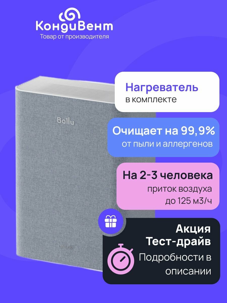 Очиститель воздуха приточный Ballu ONEAIR ASP-100 серый с нагревом НС-1630295 / бризер, система приточной вентиляции