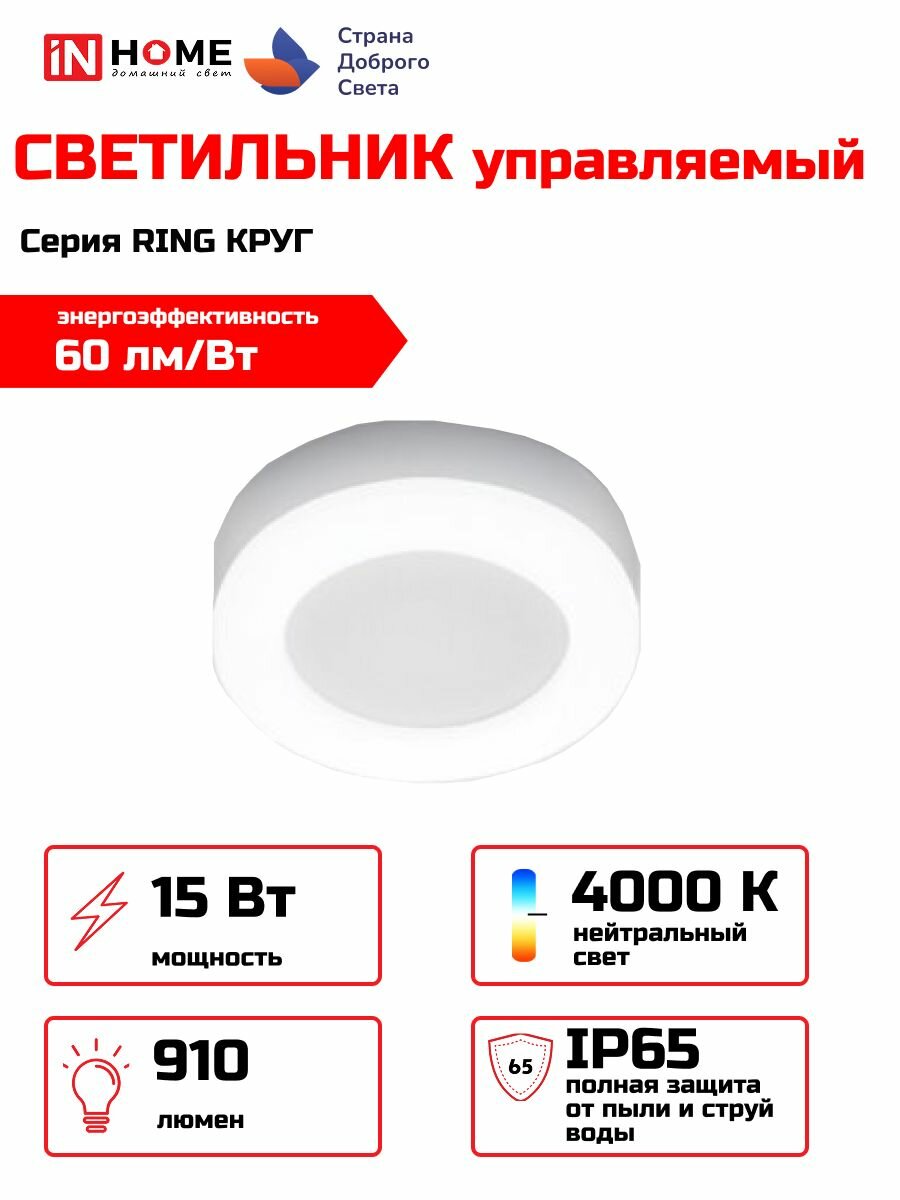 Светильник светодиодный RING-1540R-W 15Вт 230В 4000К 910Лм 190мм IP65 круг IN HOME