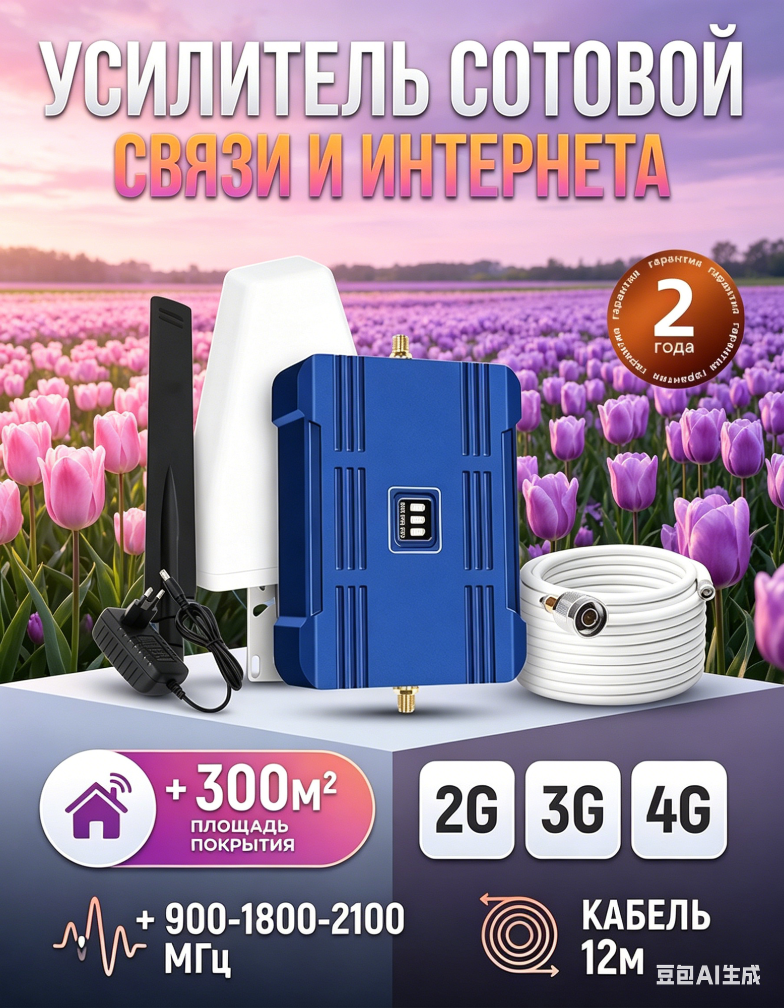 Усилитель сотовой связи 900/1800/2100 МГц (2G/3G/4G): до 70 км, направленный, синий, 1.3 кг