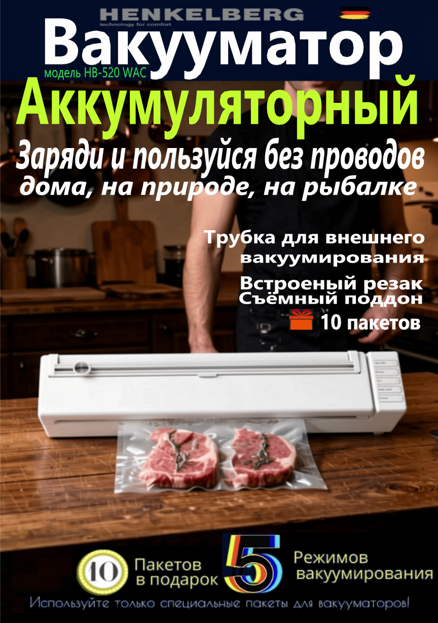 Вакуумный упаковщик аккумуляторный Henkelberg "HB-520WAC" , для сохранения свежести и аромата продуктов