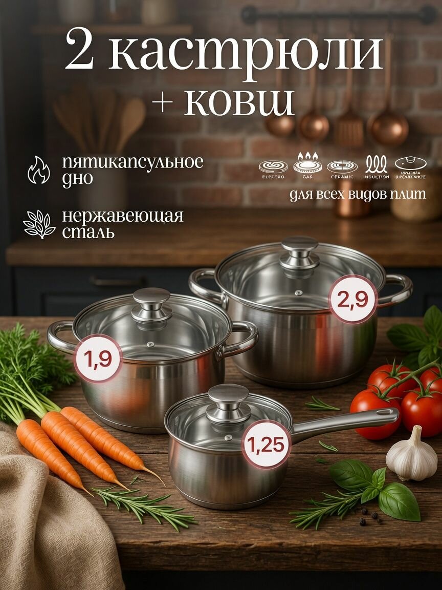 Набор Кастрюль С Ковшом С Крышкой И Толстым Дном Для Кухни и Готовки. Маленьких, Больших Из Нержавеющей Стали Для Газовых, Электрических, Индукционных Плит. 3шт