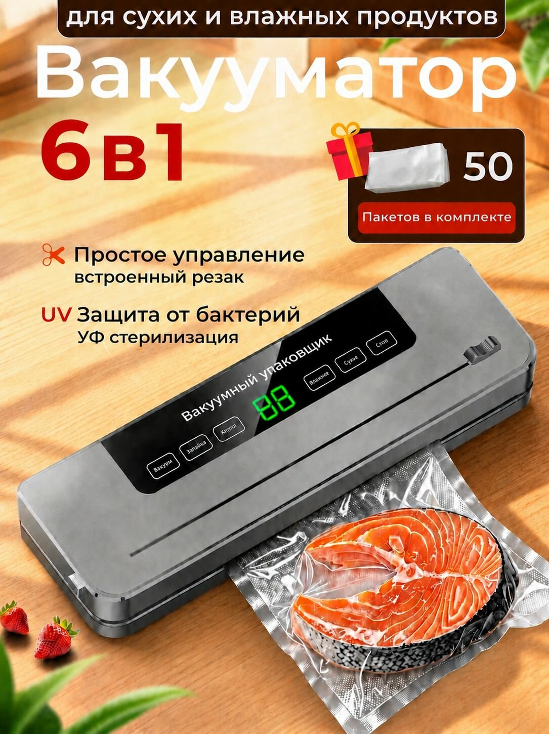 Вакууматор для продуктов с резаком 6в1 Kimsa / Вакуумный упаковщик