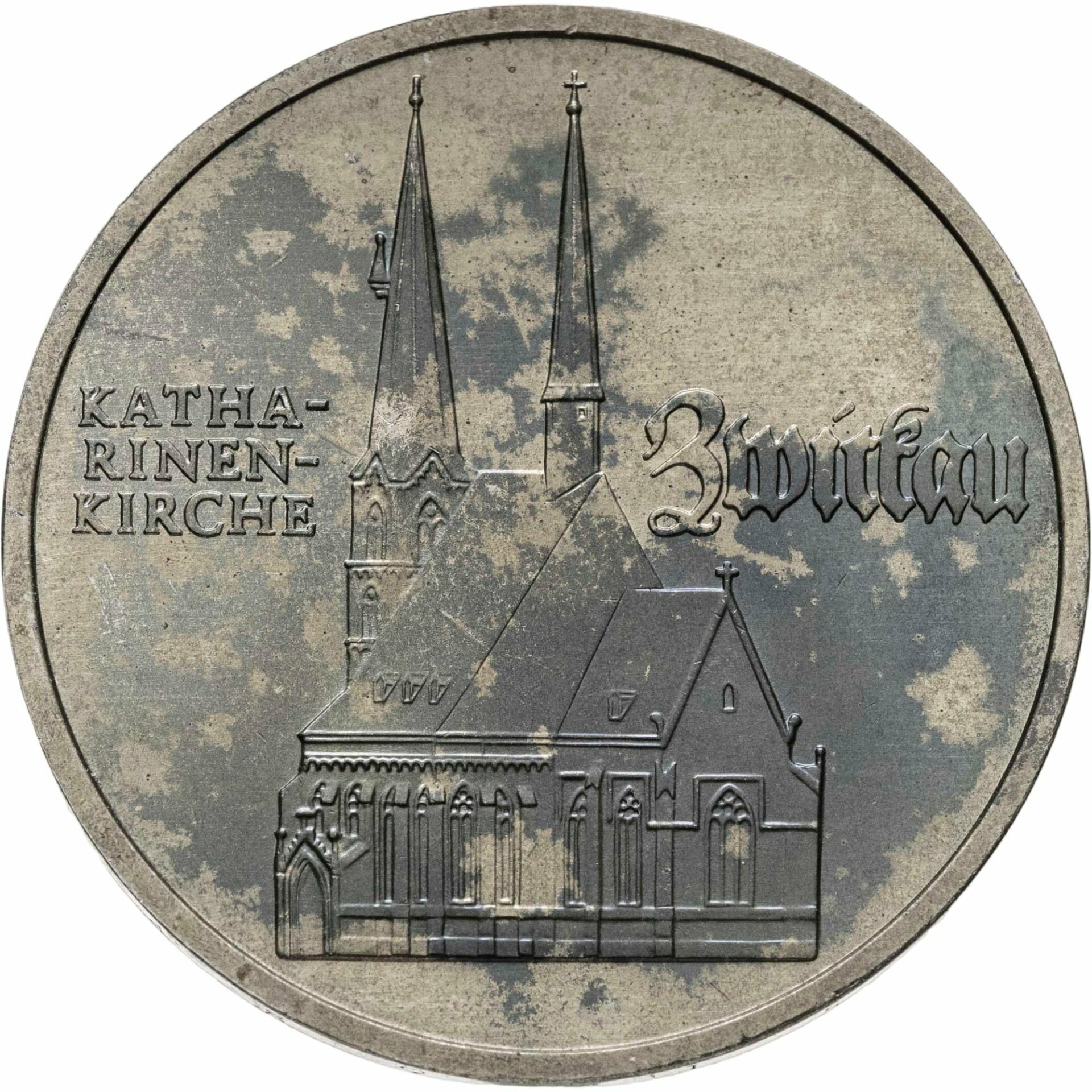 Германия ГДР 5 марок mark 1989 "500 лет со дня рождения Томаса Мюнцера, Церковь Св Екатерины в Цвиккау", Мельхиор медь-никель, в сохранности XF