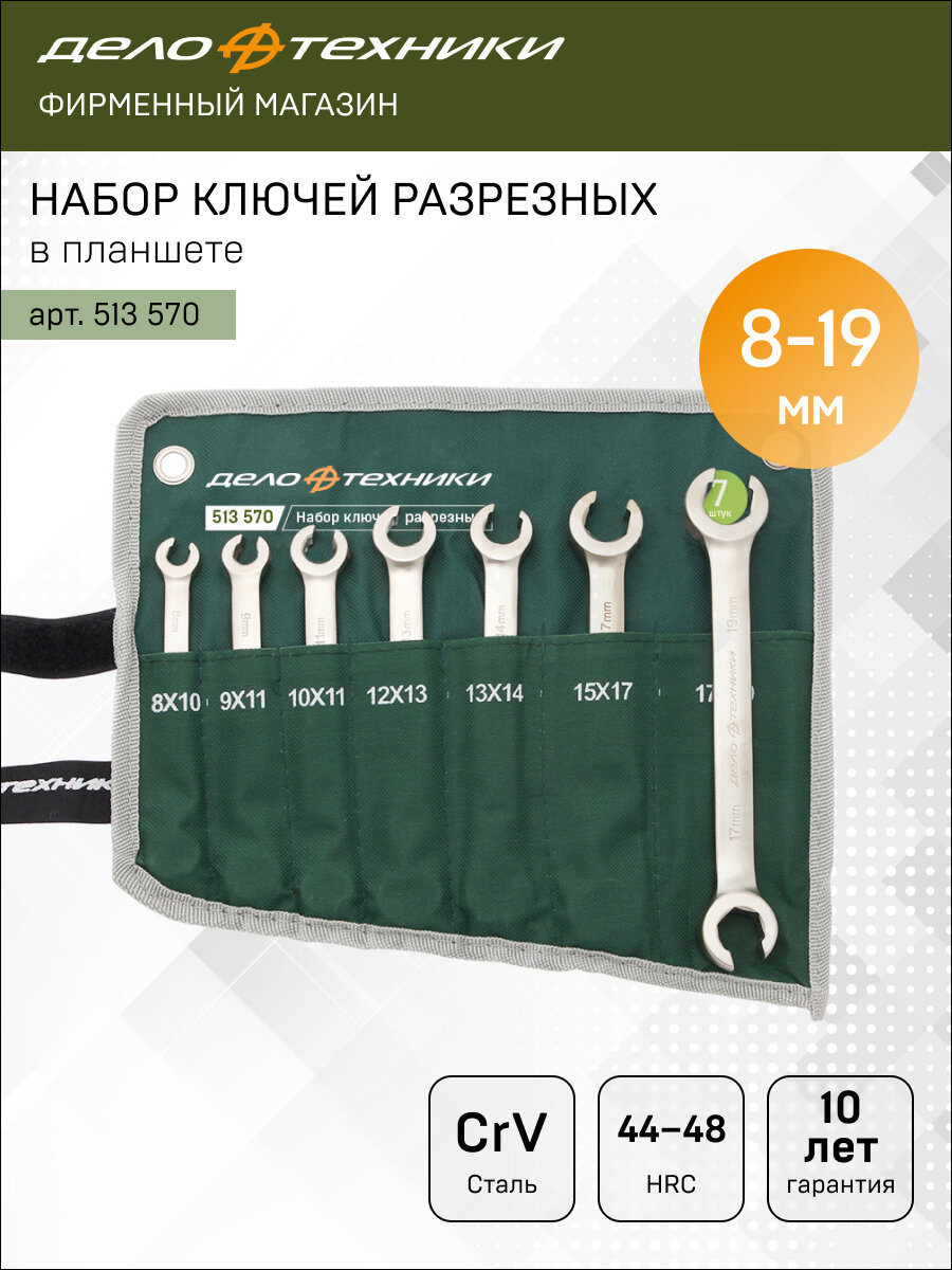 Набор ключей разрезных 7 штук, планшет тетрон, Дело Техники, 513570
