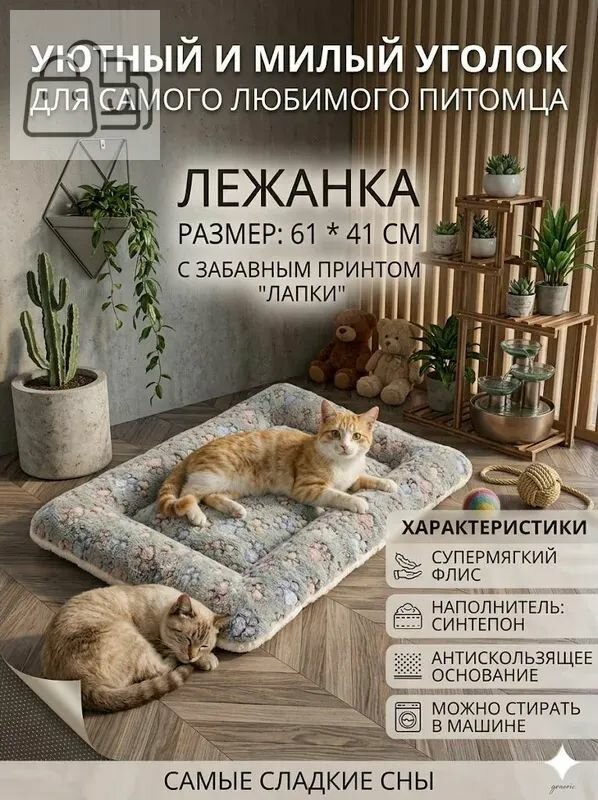 Универсальная лежанка-подстилка для кошек и мелких собак, 61x41 см, теплый плед и мягкий матрас, двусторонний флис