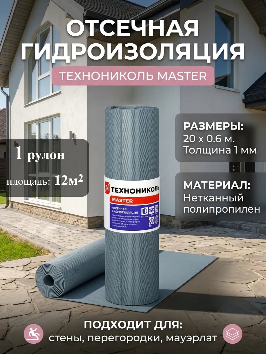Отсечная рулонная гидроизоляция 600мм (20м), 1 рулон, стеклохолст, Технониколь