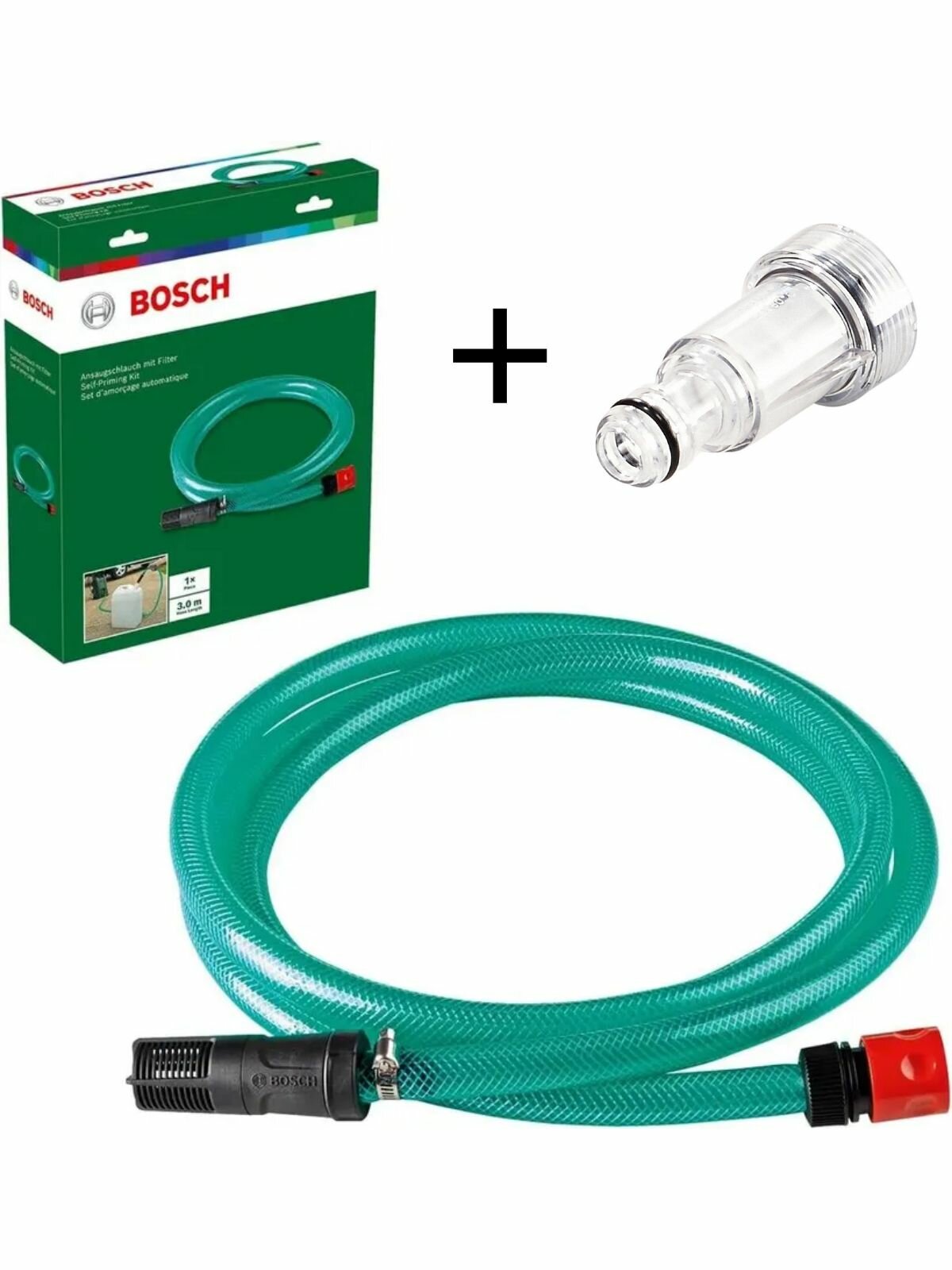 Комплект для моек Bosch: Всасывающий шланг с обратным клапаном 3 м (F016800421) + Водяной фильтр (F016800577)