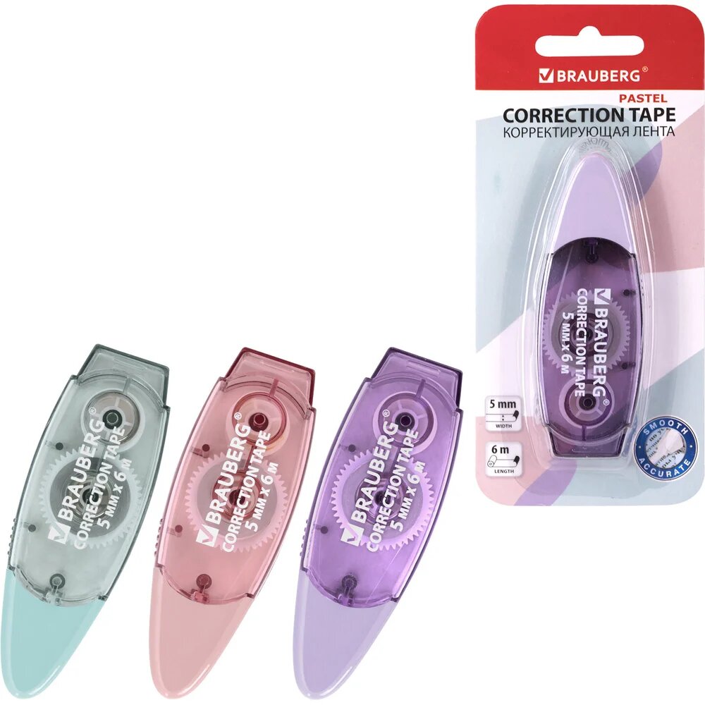 Корректирующая лента BRAUBERG PASTEL, 5 мм х 6 м, ассорти, блистер 272666