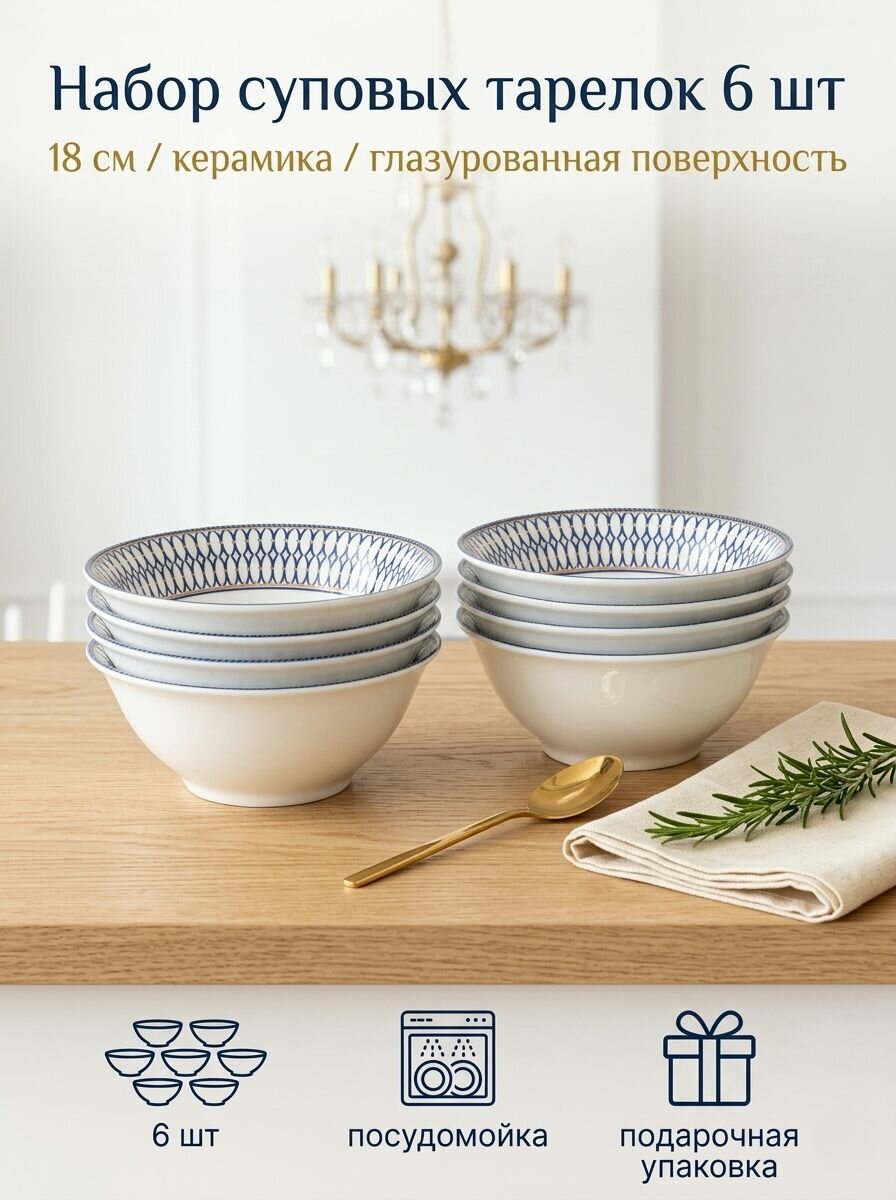 Набор суповых тарелок 18 см, 6 шт R-18604