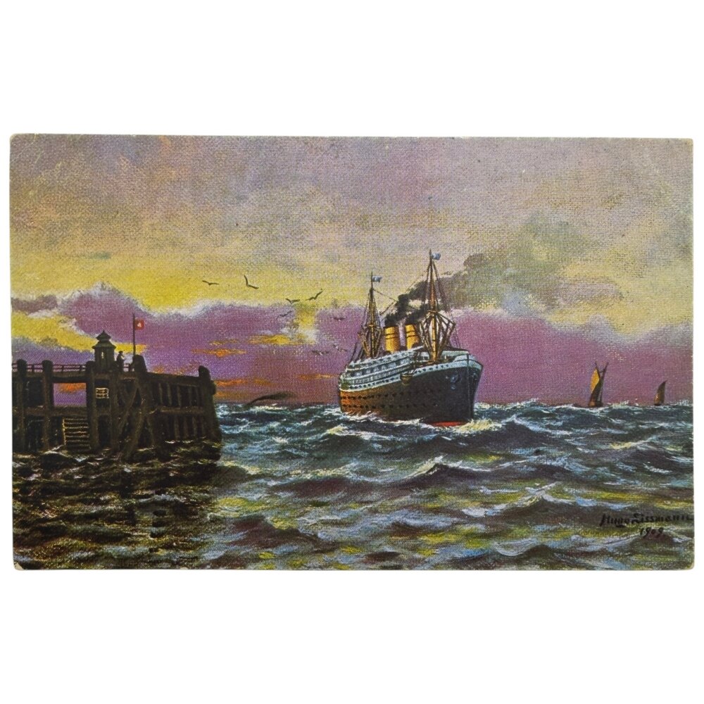 Почтовая открытка "Лайнер выходит в открытое море" 1900-1917 гг. Германская Империя