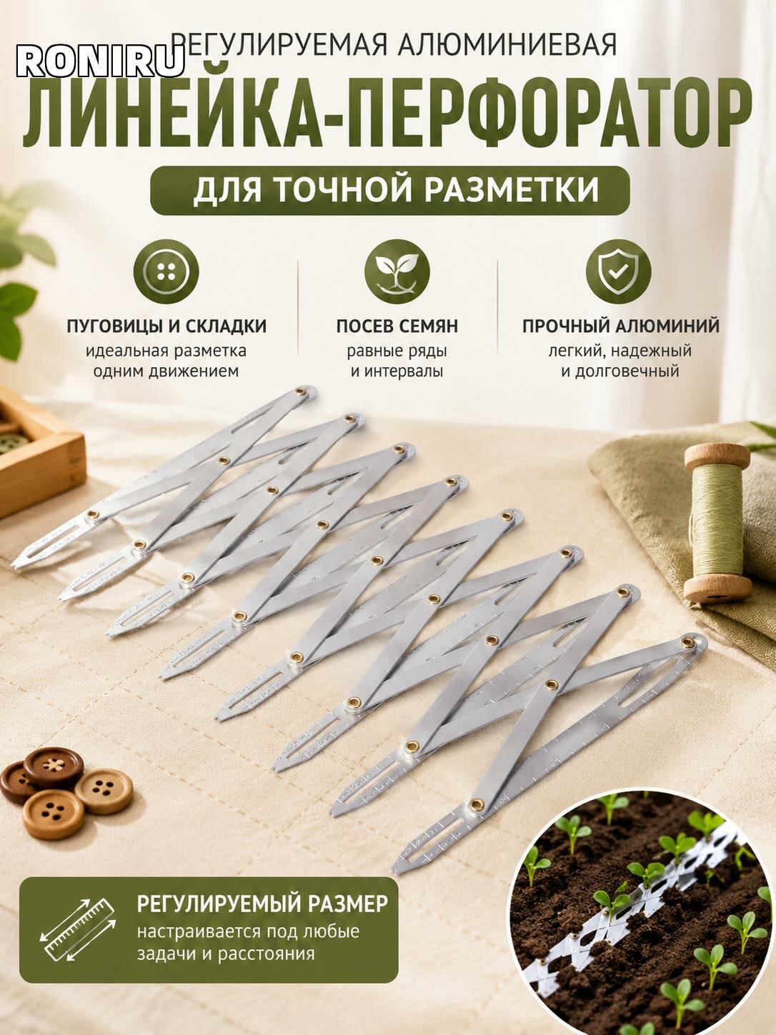 Регулируемая алюминиевая линейка-перфоратор для разметки пуговиц, складок и посева семян — для шитья и сада в быту