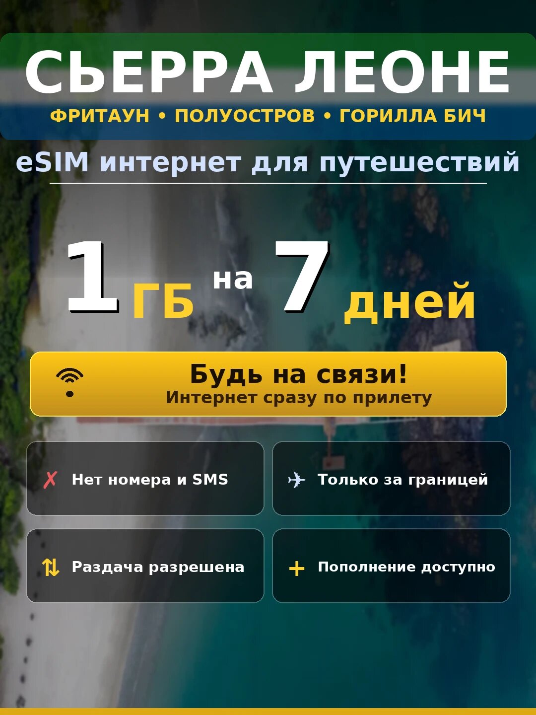 ESIM Сьерра Леоне — мобильный интернет 1 ГБ на 7 дней | виртуальная SIM-карта для путешествий