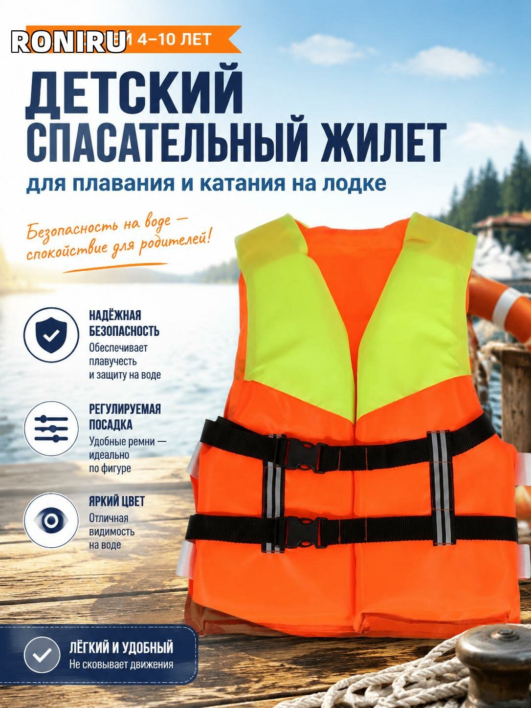 Детский спасательный жилет для плавания и катания на лодке — безопасный, регулируемый, яркий для детей 4–10 лет