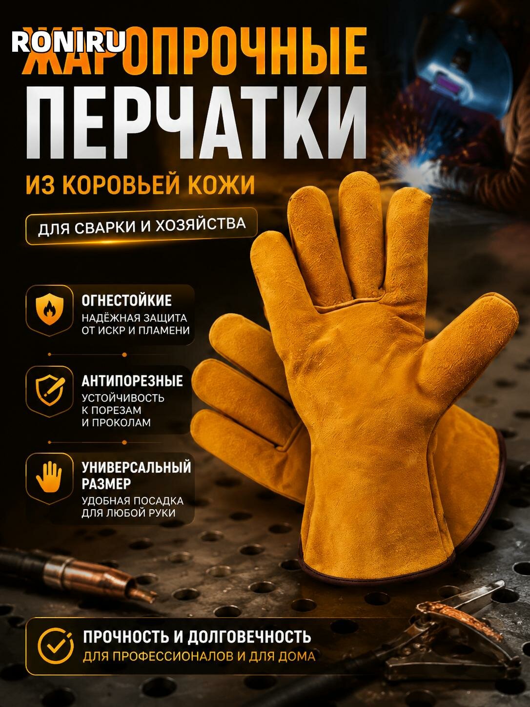 Жаропрочные перчатки из коровьей кожи для сварки и хозяйства — огнестойкие, антипорезные, универсальный размер