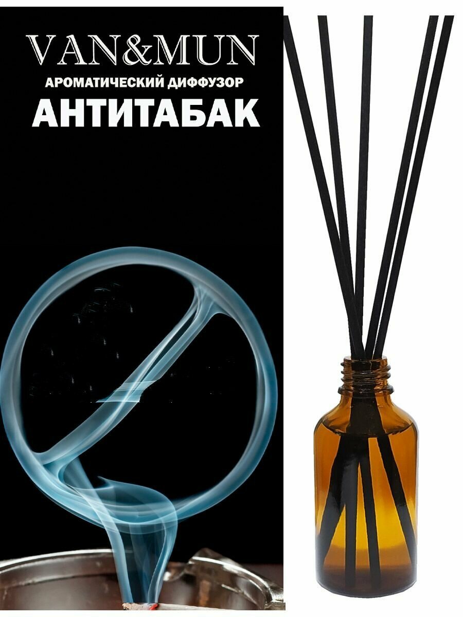 Диффузор для дома АнтиTAбAк 55мл. с фибровыми палочками для дома и офиса